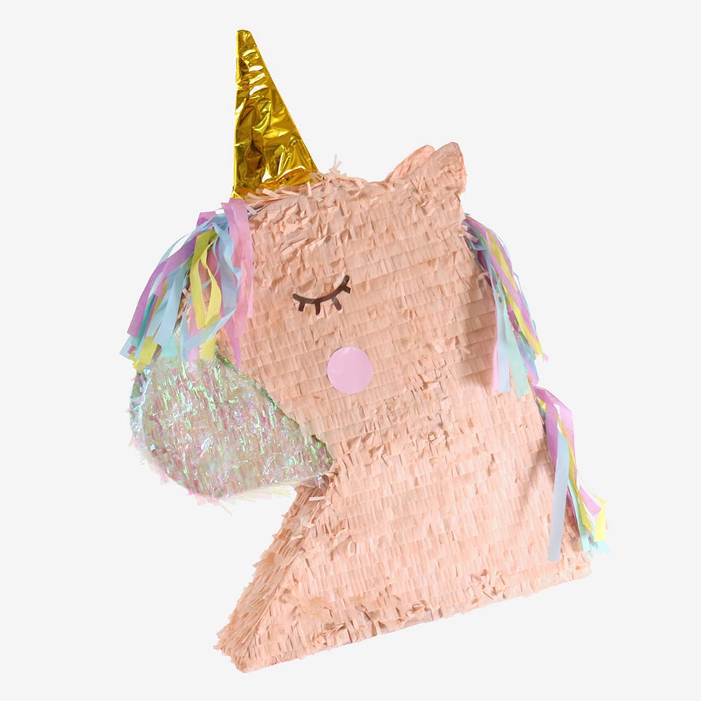 Pinata licorne rose et dorée pour animation anniversaire enfant thème licorne